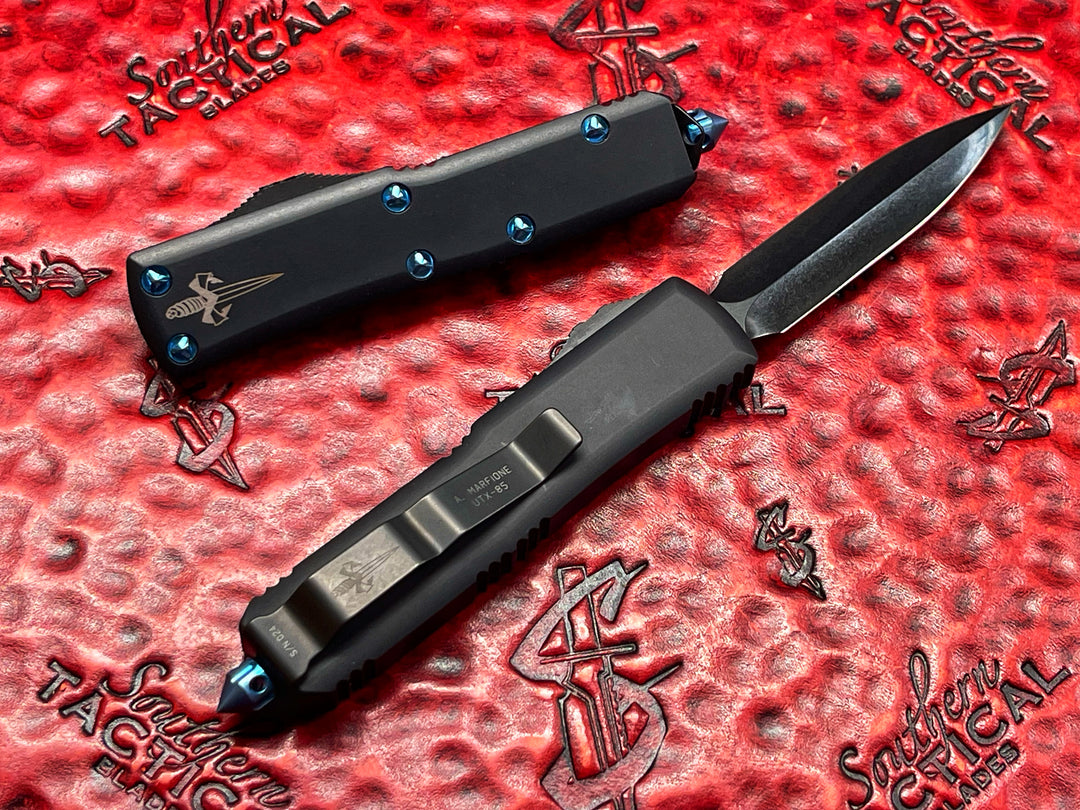 MARFIONE Custom UTX-85 Double Edge Spike Grind, Stonewash DLC, Blue Ti