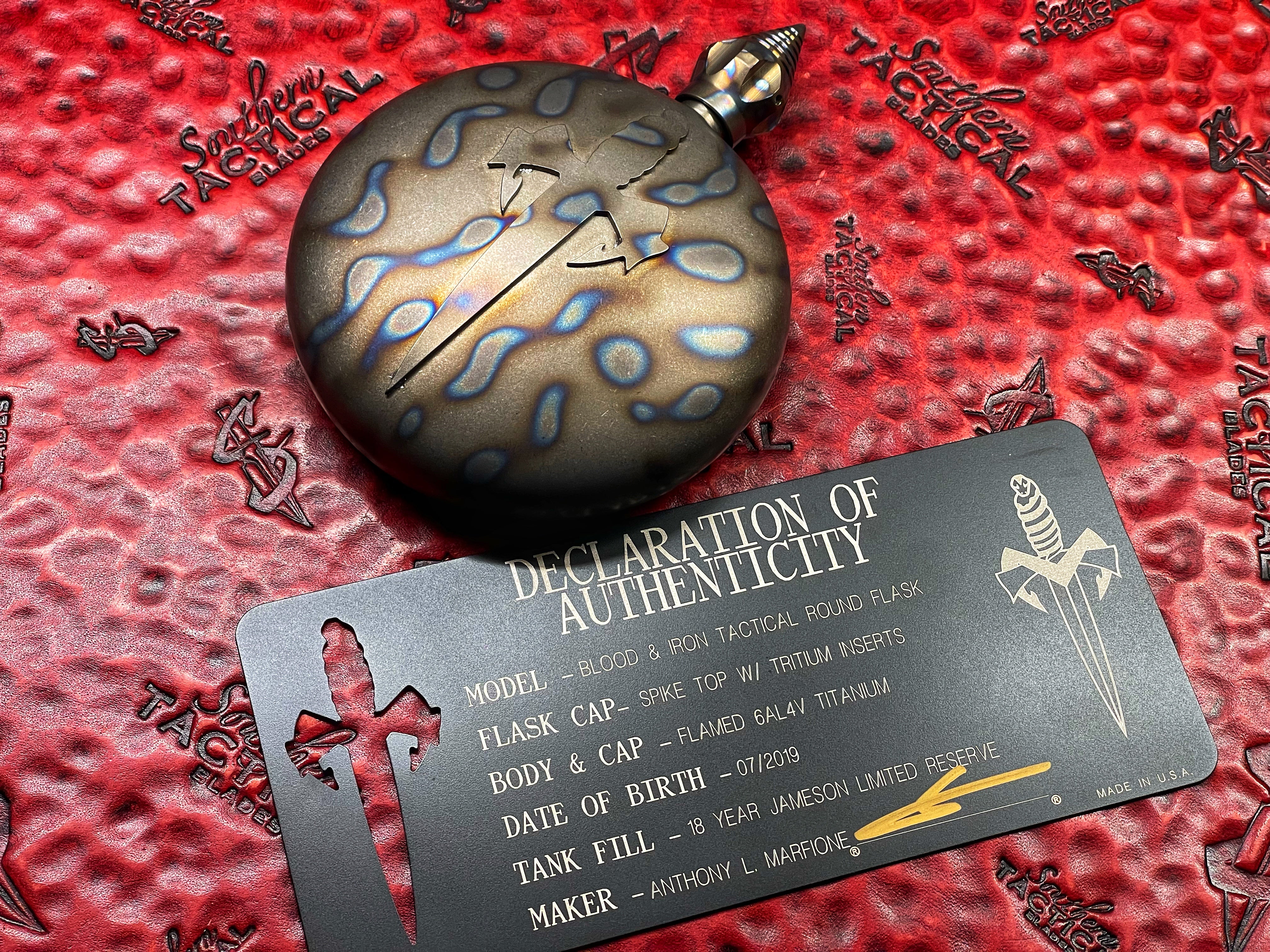 Marfione Custom Blood and Iron Tactical Round Flask Flamed Titanium, S