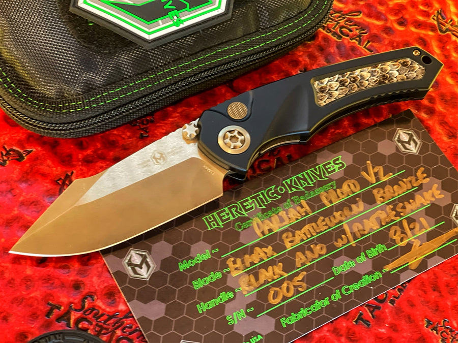 Heretic Knives Pariah Prototype V2, Elmax Battleworn Bronze w/ Rattles