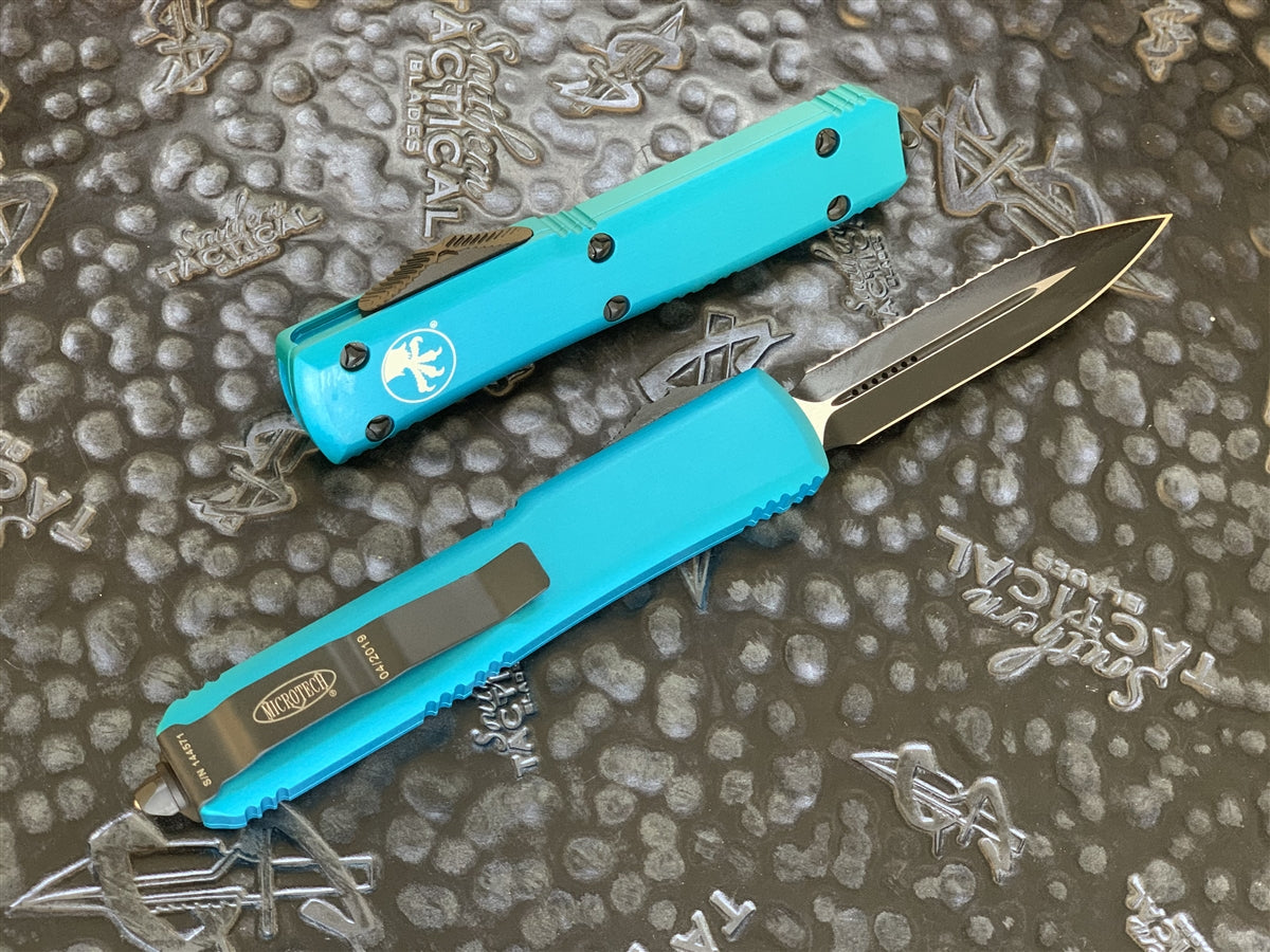 Microtech Ultratech Double Edge Full Serrated Turquoise – SouthernBlades