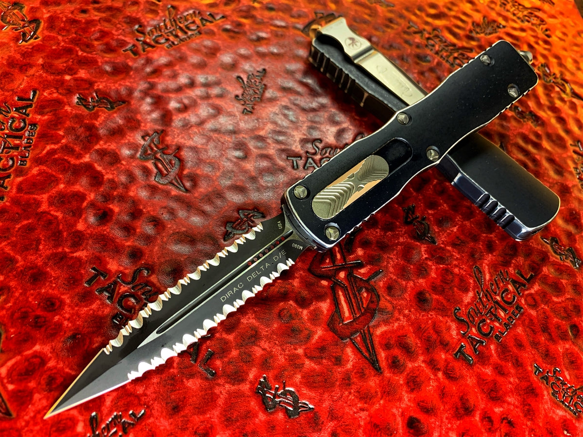 Microtech Dirac Delta Double Edge Double Full Serrated Distressed Blac
