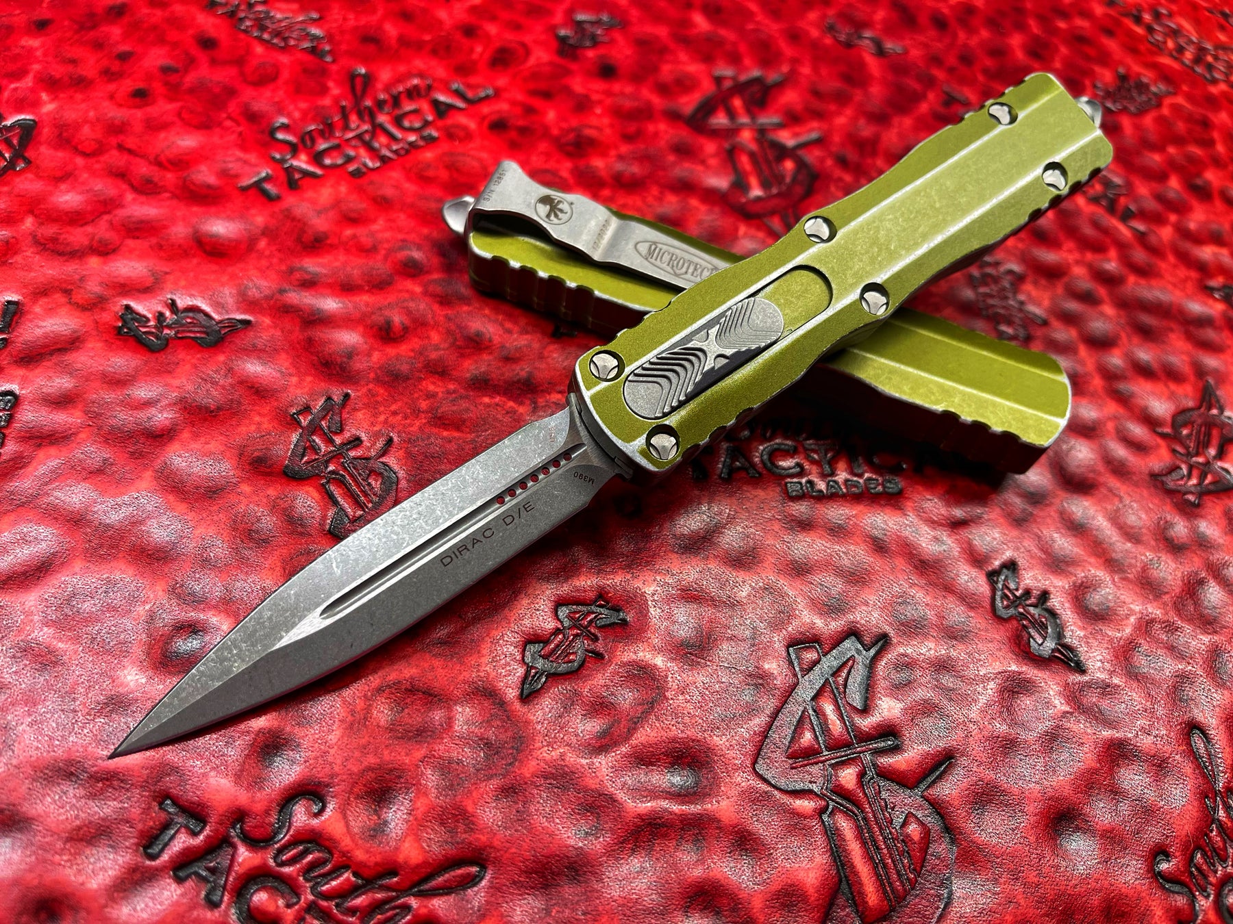 Microtech Dirac Distressed OD Green D/E Standard | Southern Blades