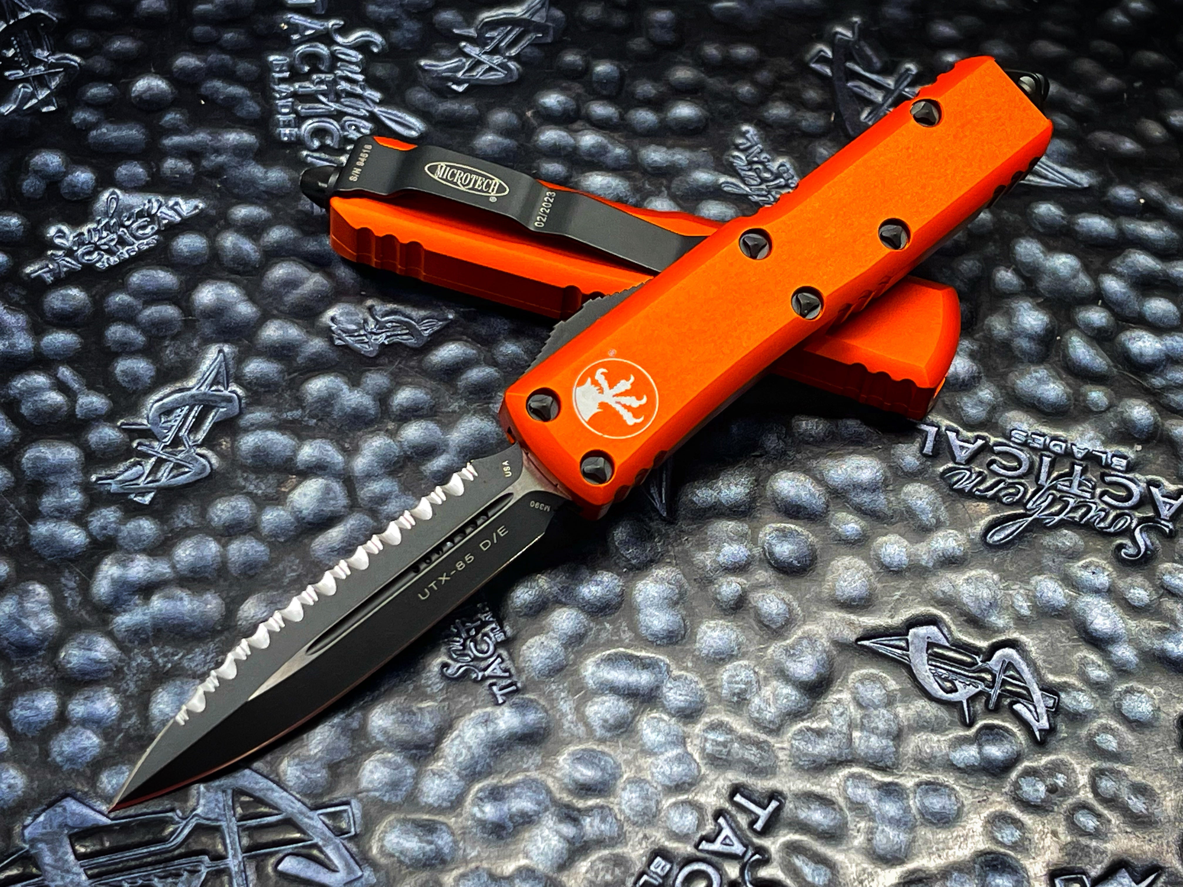 Microtech UTX85 Orange Double Edge Full Serrated OTF | Southern Blades