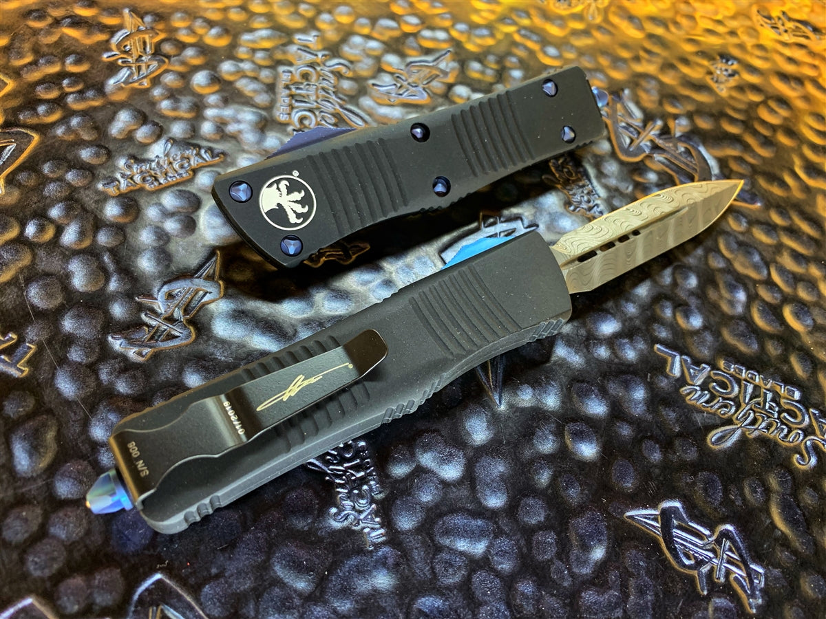 Microtech Troodon Double Edge Damascus Signature Series Blue Titanium ...