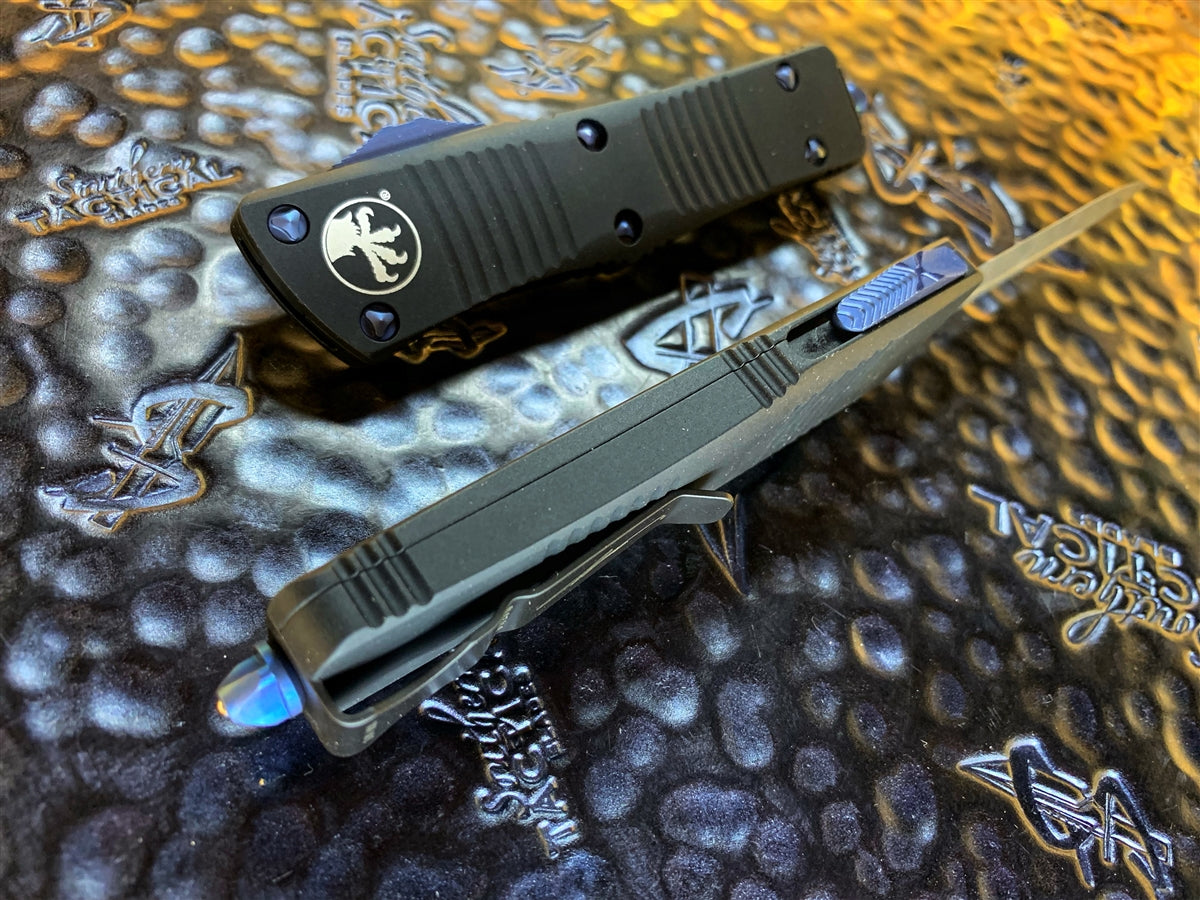 Microtech Troodon Double Edge Damascus Signature Series Blue Titanium ...